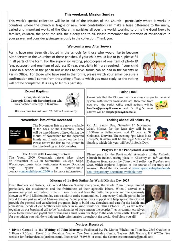 Parish Newsletter for Sunday 19th October 2025 | Ballinderreen ...