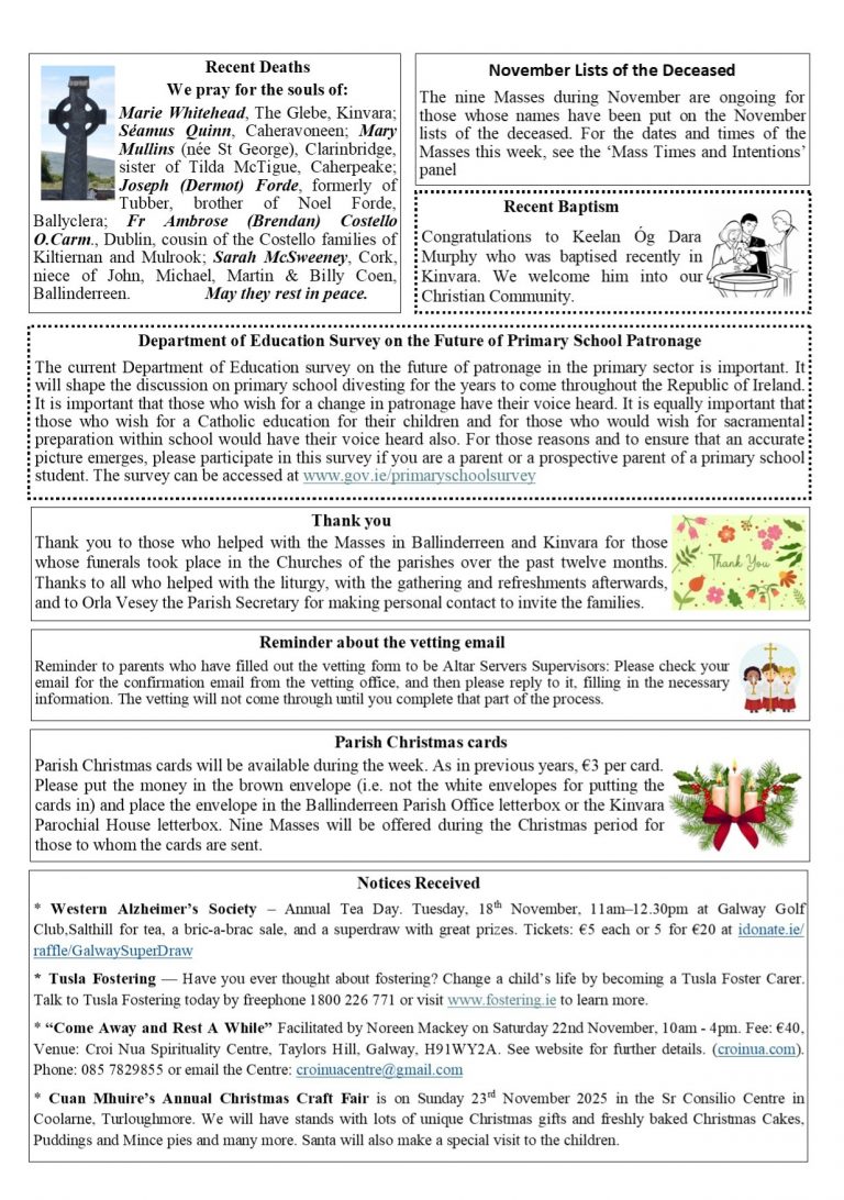 Parish Newsletter for Sunday 16th November 2025 | Ballinderreen ...