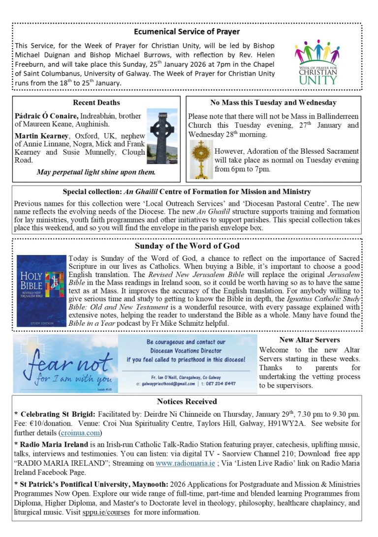Parish Newsletter for Sunday 25th January 2026 | Ballinderreen ...