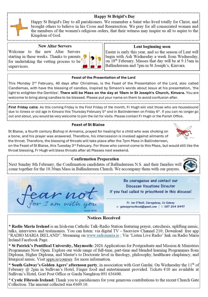 Parish Newsletter for Sunday 1st February 2026 | Ballinderreen ...